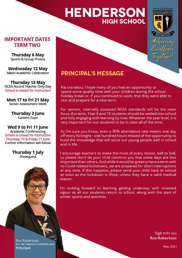 Principal's Message - 4 May 2021 - Henderson High School